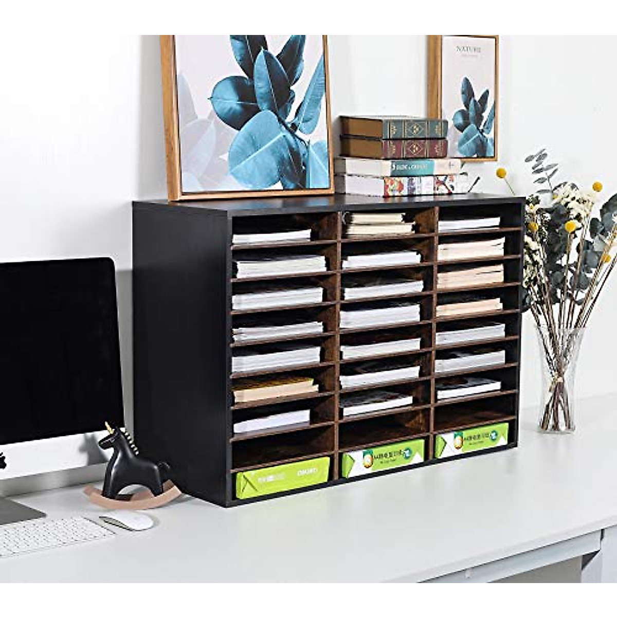 TQVAI Wood Adjustable Literature Organizer Desktop File Sorter Mail Center Paper Storage Cabinet Home & Office Mailbox School Classroom Keepers, 27 Slots Compartments, Black/Archaize