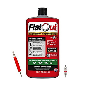 FlatOut Tire Sealant Outdoor Power Equipment Formula - with Valve Core Tool and Replacement Valve Core, Prevent Flat Tires, Seal Leaks, Contains Kevlar, 32-Ounce Bottle, 1-Pack