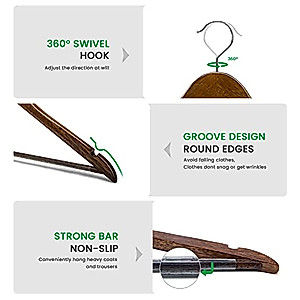 Nature Smile Wooden Suit Hangers 30 Pack Solid Wood Coat Clothes Hangers with Non Slip Bar and 360° Swivel Hook (Retro Color)