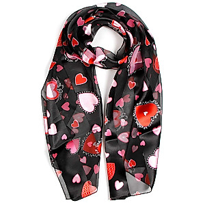 SERENITA Print light weight Satin Scarves for women, silk feel wrap, Heart, Pink Ribbon, Rose, Valentine