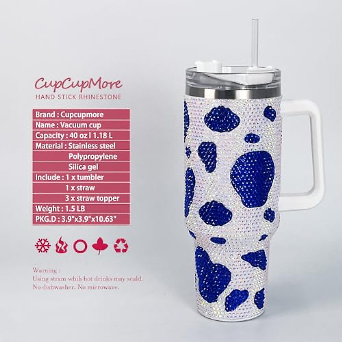 Cupcupmore 40oz Dark Blue Cow Bling Rhinestone Stainless Steel Sippy Tumbler Glitter Vacuum Insulated Water Bottle with Straw & Lid & Handle,Thermos for Hot & Cold Drinks,Car Cup Holder,Coffee