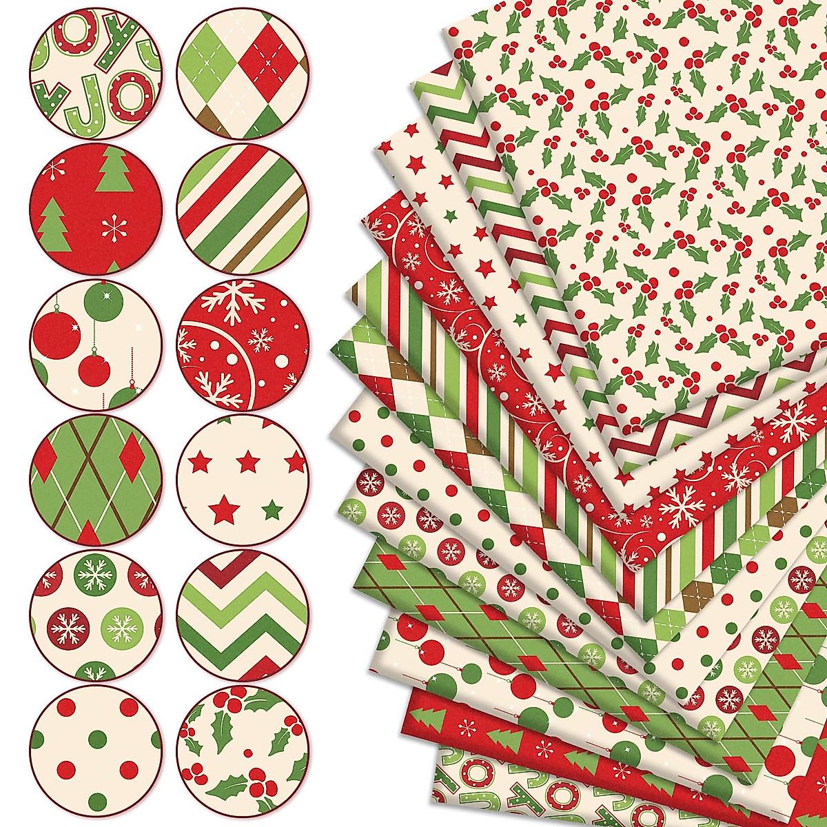 Whaline 12Pcs Christmas Cotton Fabric Bundles Xmas Tree Snowflake Dot Stripe Printed Fat Quarters Holiday Sewing Fabrics for DIY Handmade Crafting, 18 x 22 Inch
