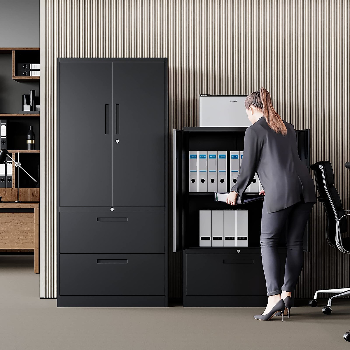 ZAOUS File Cabinet 2 Drawer, Metal File Cabinet with Lock, Lateral Filing Cabinets with Doors & Adjustable Shelves for Home Office, Living Room, Pantry, Gym, Basement, Warehouse, Black