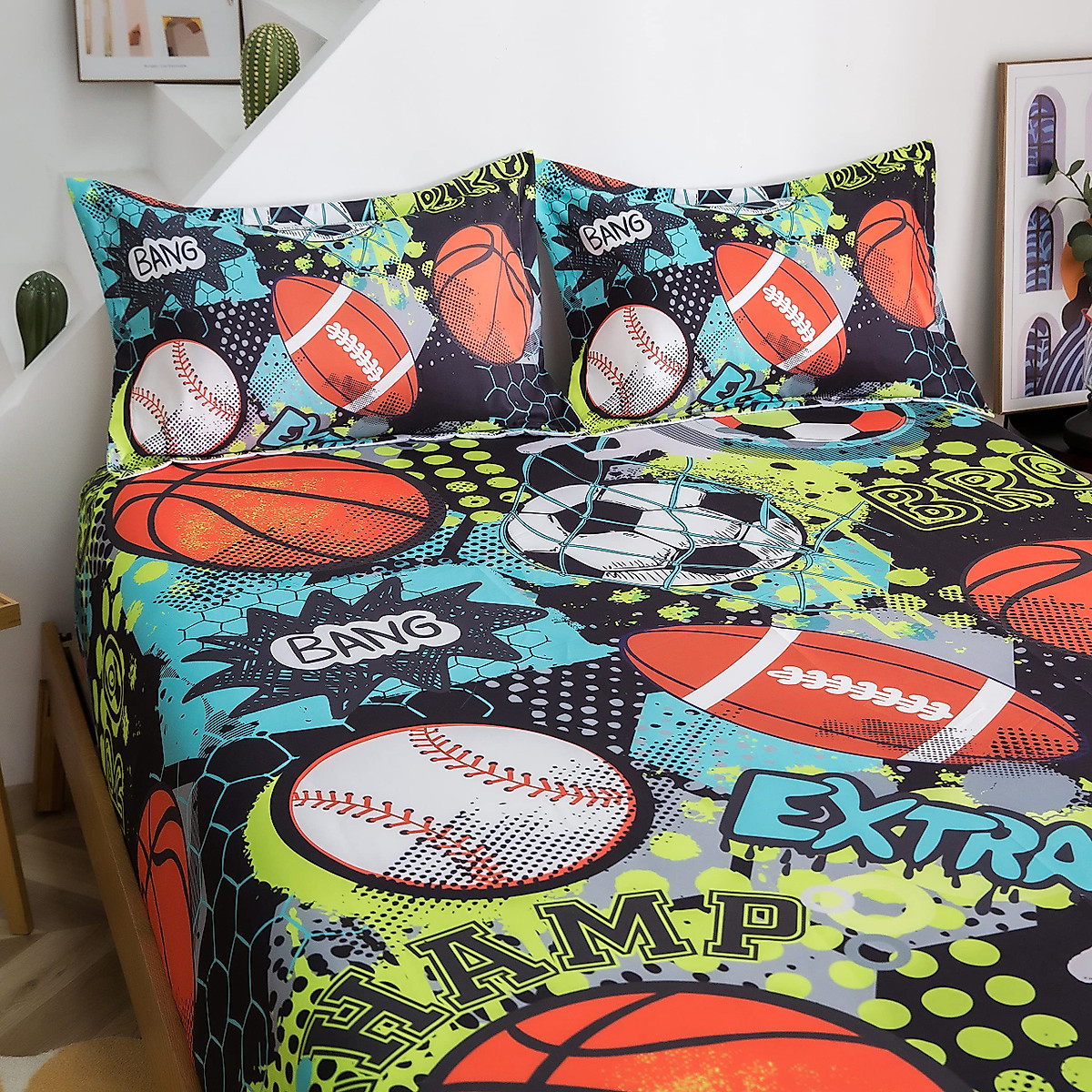 qjmiaofang Football Sheets Twin for Kids Sports Sheets 2 Pieces American Football and Basketball Bed Sheets Boys Teens Baseball and Soccer Printed Bed Set Including 1 Fitted Sheet 1 Pillowcase