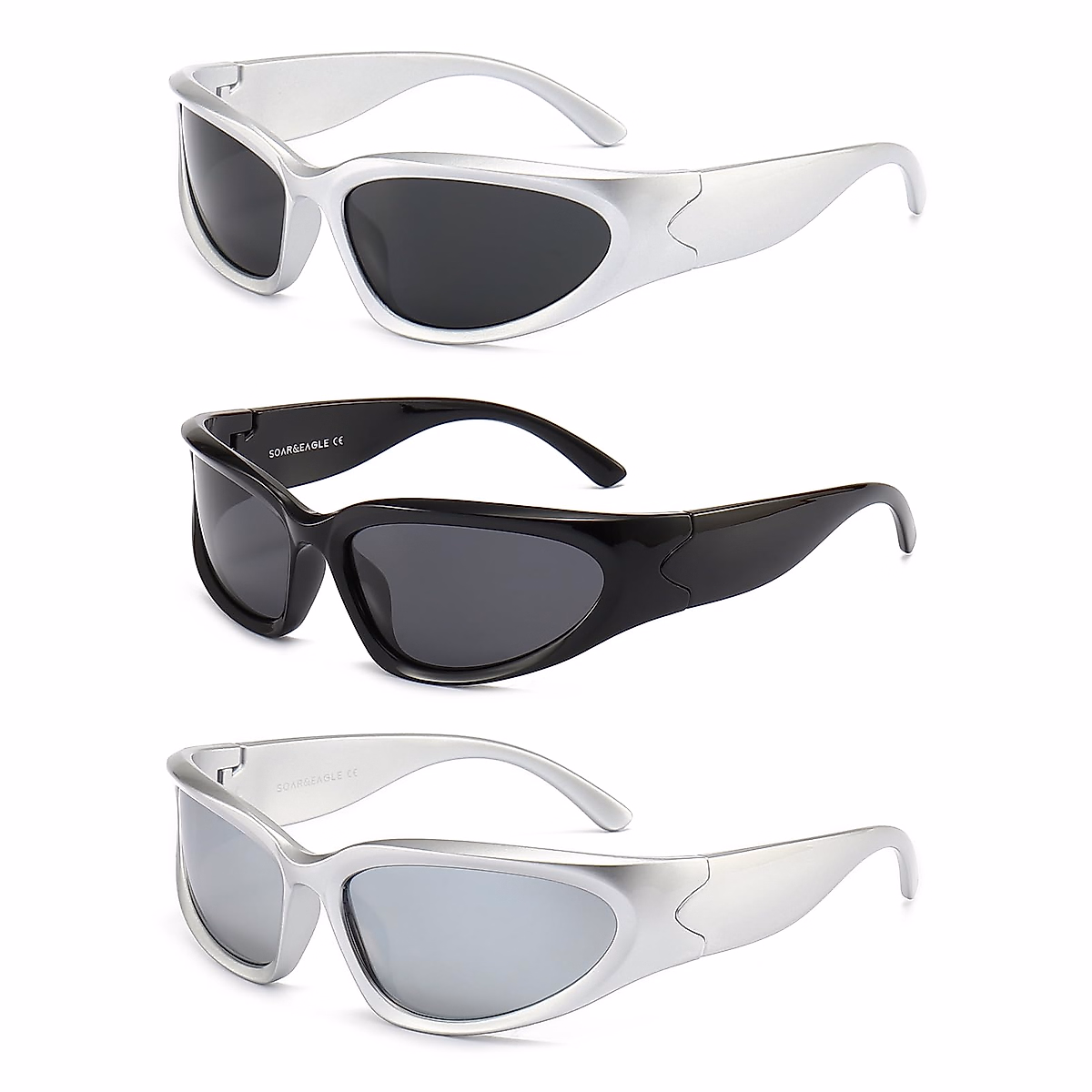 SOAR&EAGLE Y2K 3Pack Polarized sunglasses Men's sunglasses Women's sunglasses Fashion Sport Shades Sun Glasses（Silver frame gray sheet, Silver frame silver sheet, Bright black gray sheet）