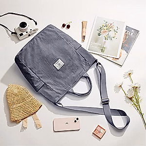 KALIDI Corduroy Tote Bag, Large Messenger Bag Shoulder Hobo Anti Splash Crossbody Zipper Bag Casual Work Shopping Women Grey Blue