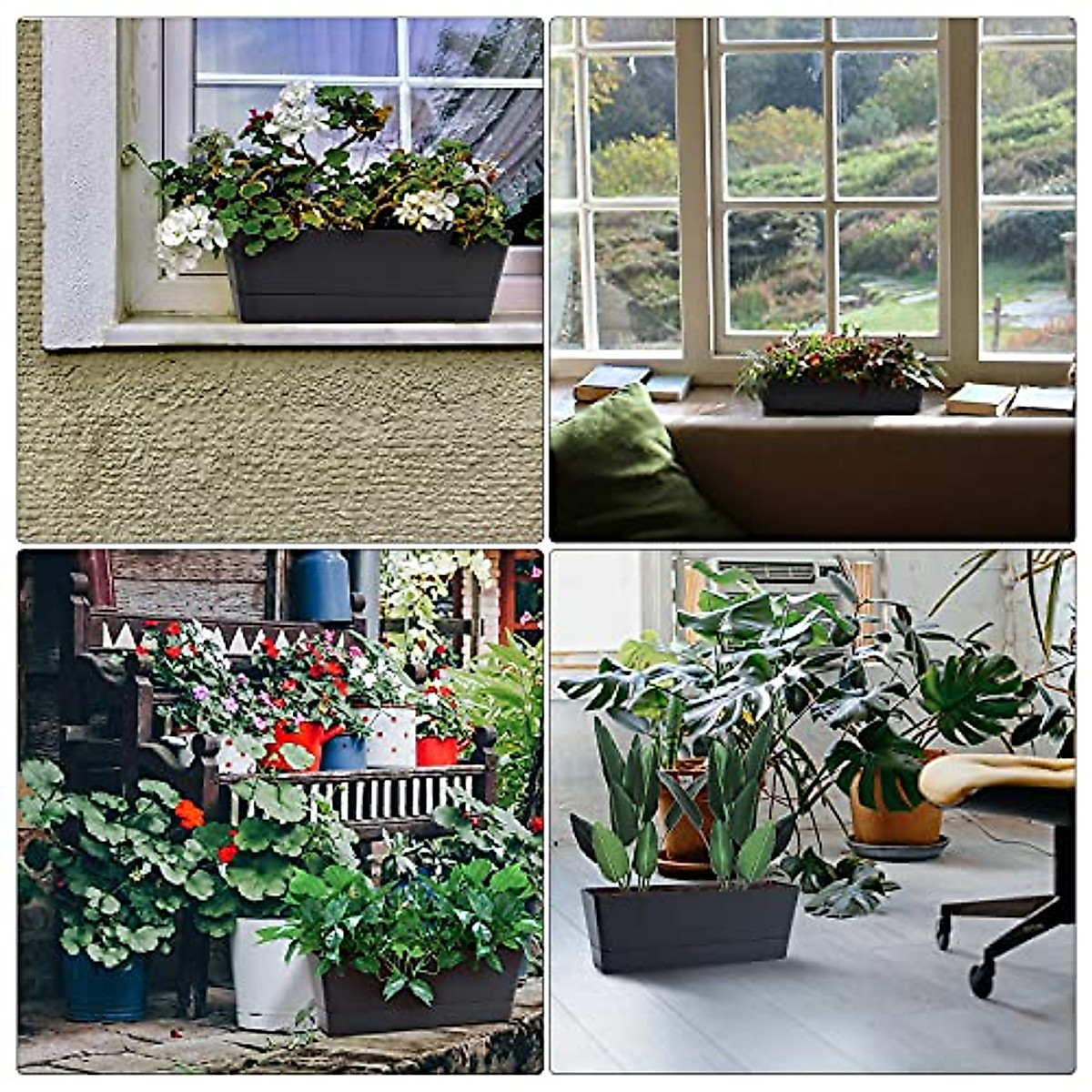GREANER Black Rectangle Window Boxes, 3 Pack 12x3.8 Inch Herb Planters with Tray, Indoor Succulent Cactus Mint Plastic Pot for Windowsill, Garden Balcony, Office Outdoor Decoration