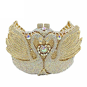 Boutique De FGG Women Swan Clutch Crystal Evening Bags Wedding Party Dinner Ladies Rhinestone Minaudiere Handbag (Small,Gold AB)