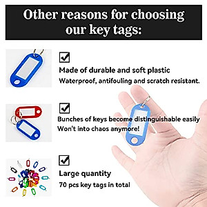 Sukh 70 Pcs Key Ring Tags - Key Tags Plastic 10 Assorted Colours of Key Ring Tags,Identifiers,Name Tags and Labels,Adapt to USB Drive,Keys,Pets,Bags,Clothes Racks and Drawers,Rectangular 2.1x4.6cm