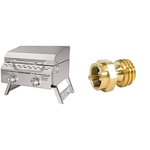Megamaster 2-Burner Outdoor Tabletop Propane Gas Grill in Stainless Steel & GasOne Steak Saver Adapter 1 LB Propane Gas Grill Adapter Converter Universal 1 Pound / 16.4oz 1''-20 Male