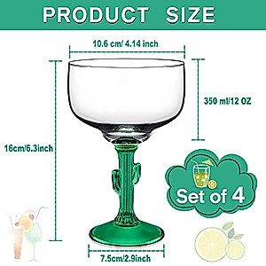 4 Pack Cactus Margarita Glasses Saguaro Margarita Glasses Cactus Green Rim Hand Blown Cactus Cocktail Glass for Drinking Margaritas, Pina Coladas, Daiquiris, and Other Cocktails (12 oz)