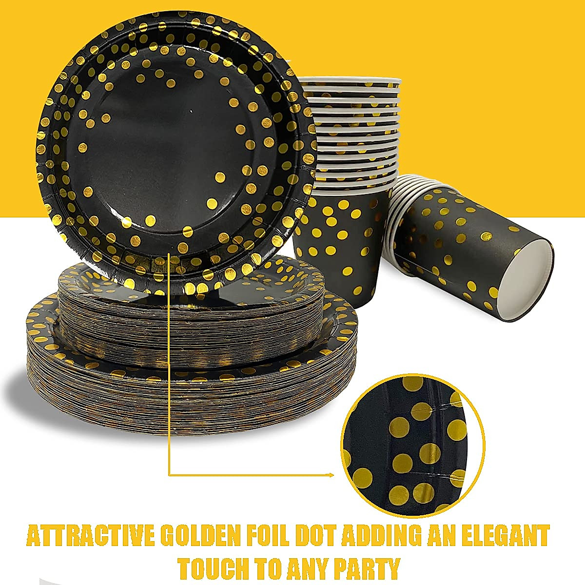 New Years Eve Party Supplies 2025 Christmas Decorations Party Plates Napkins Set Black and Gold Party Supplies 350 Pcs Disposable Paper Plates Napkins Gold Fork Knives Spoon, Serves 50