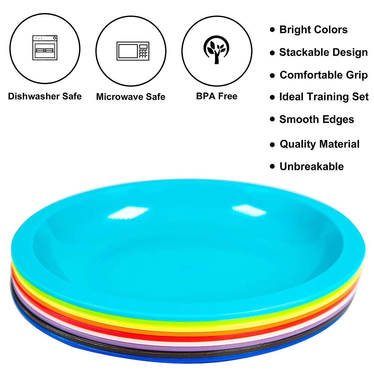 Youngever 7.5 Inch Plastic Plates, Small Kid Size, Kids Plates, Toddler Plates, Snack Plates, Microwave Safe, Dishwasher Safe, Set of 9 (Rainbow Colors)