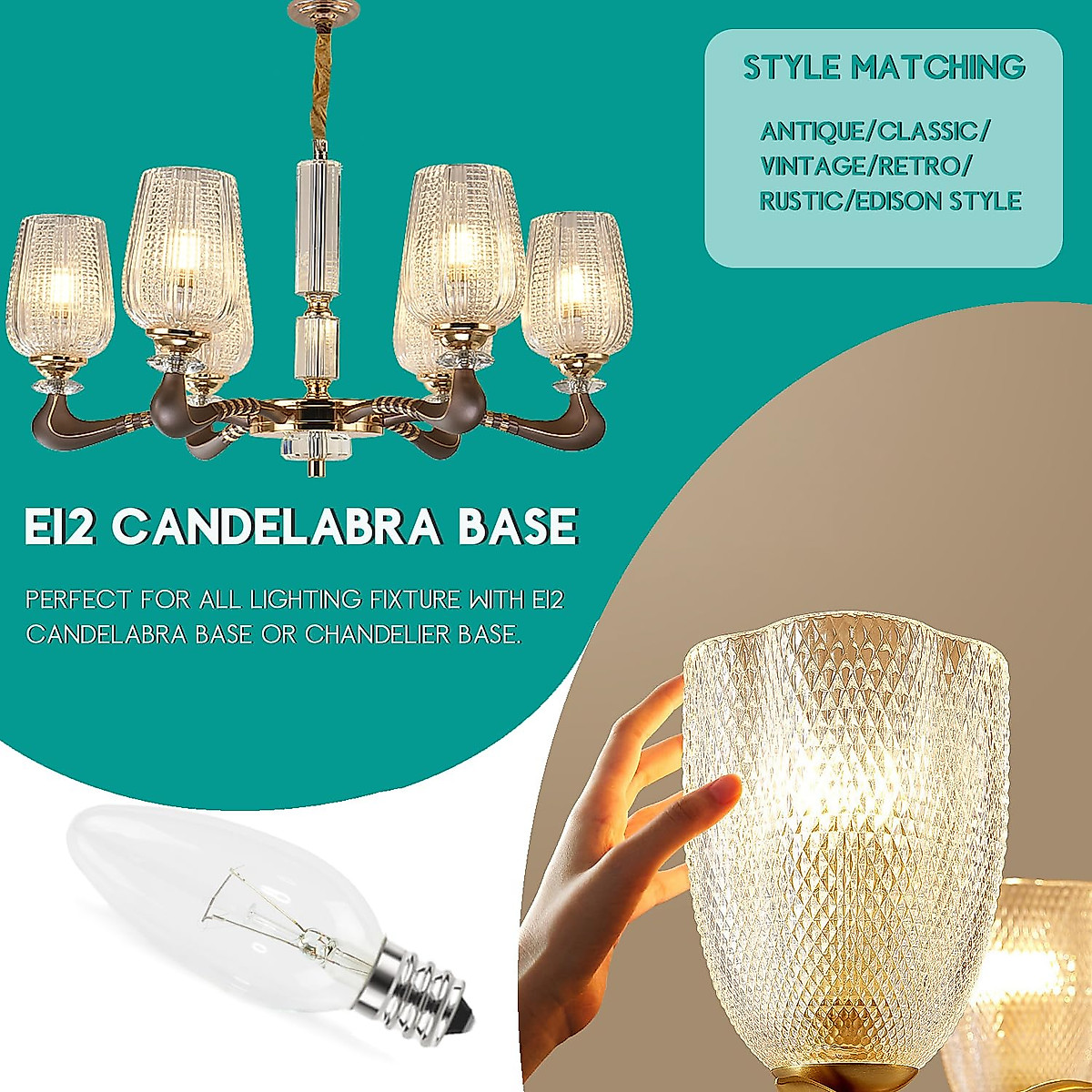 MEQIQTEK E12 60 Watt Incandescent Candle Light Bulbs, Chandelier Light Bulbs for Ceiling Fan, Vanity, Outdoor - Warm White 2500K, 500 Lumen Dimmable B10 Clear Candelabra Base Bulbs (12 Pack)