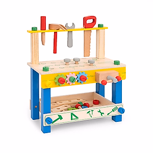 ROBUD Kids Tool Bench Small Wooden Kids Workbench Toy Tool Bench Pretend Play Construction Toy Building Tools Set for Toddlers