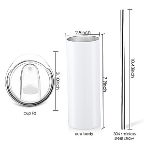 8 Pack Sublimation Tumbler - 20 oz Tumbler with Lid and Straw Insulated Tumbler Skinny Double Wall Tumbler Cups Travel Coffee Mug Stainless Steel Vacuum Mug with Metal Straw,Leak-Proof Lid,Shrink Wrap