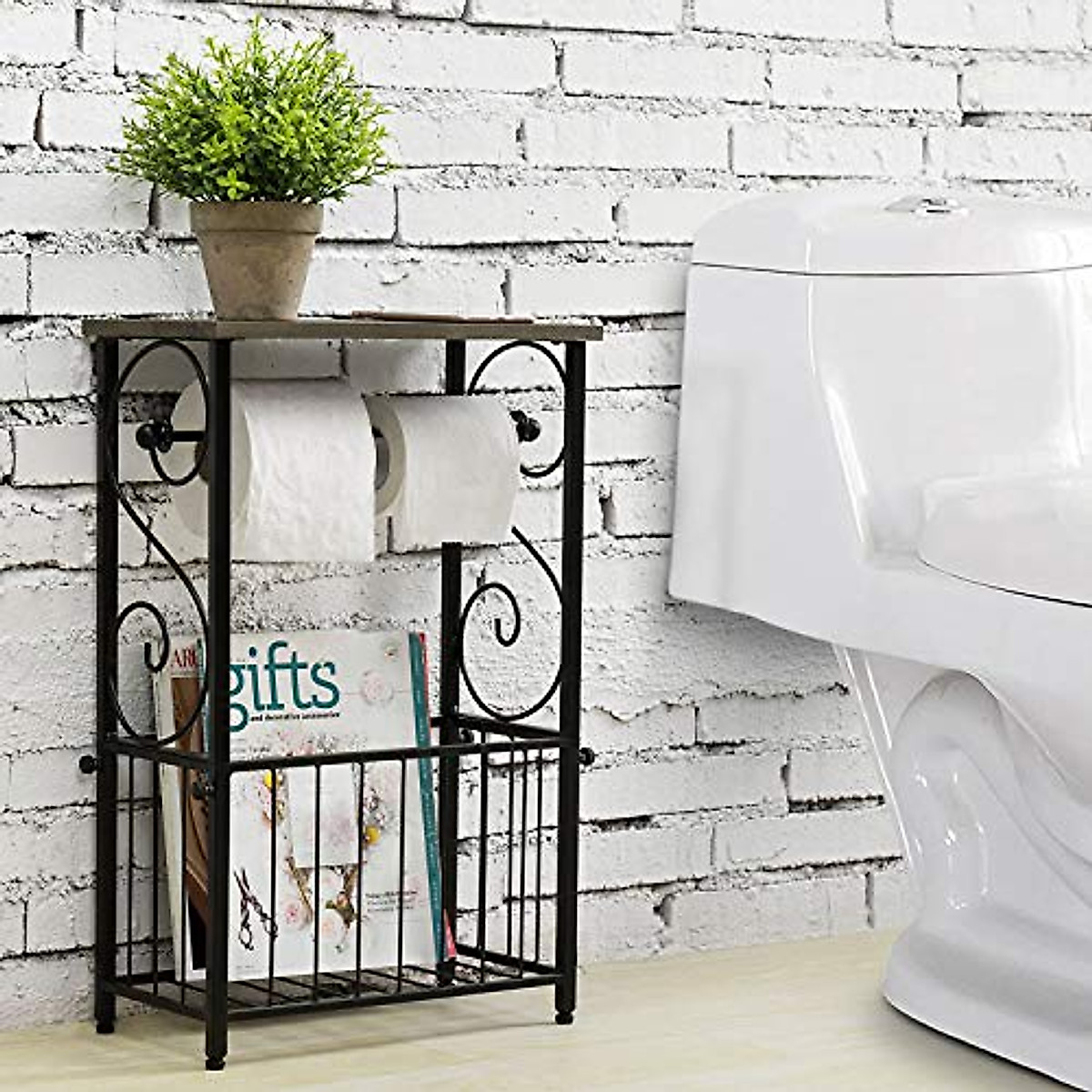 MyGift Scrollwork Black Metal Toilet Paper Roll Holder and Magazine Rack Stand with Gray Solid Wood Display Shelf