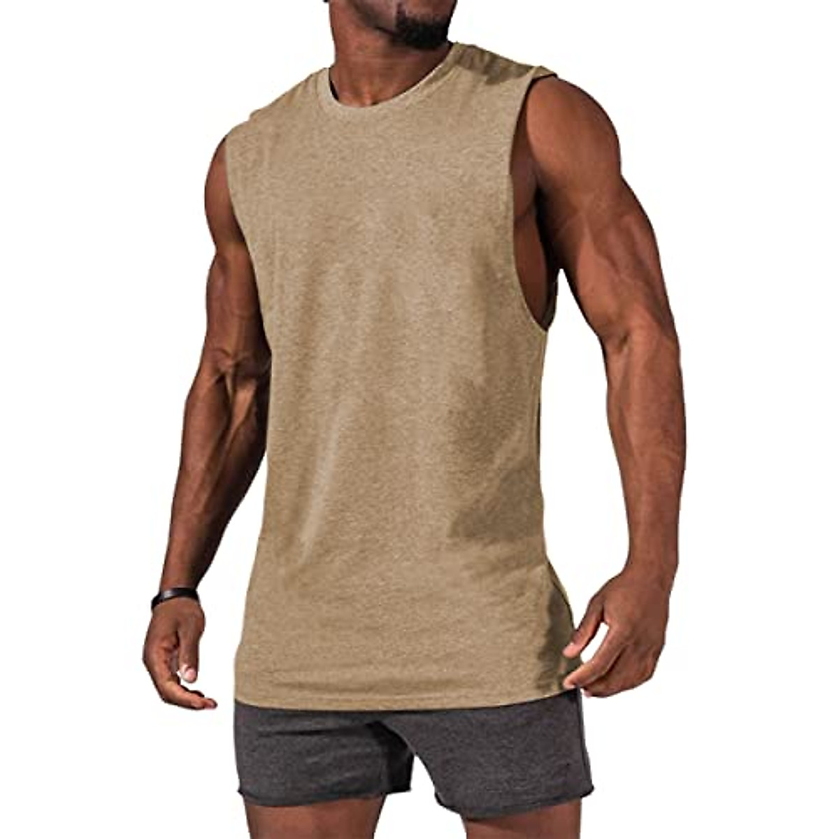 Aoysky Mens Crewneck Tank Tops Athletic Beach Sleeveless Shirts Khaki