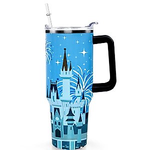 Sxdcfrs Cartoon Castle Tumbler 40 Oz With Lid and Straw Stainless Steel Insulated with Handle Blue Firework Travel Coffee Mug - Birthday,Christmas Gift