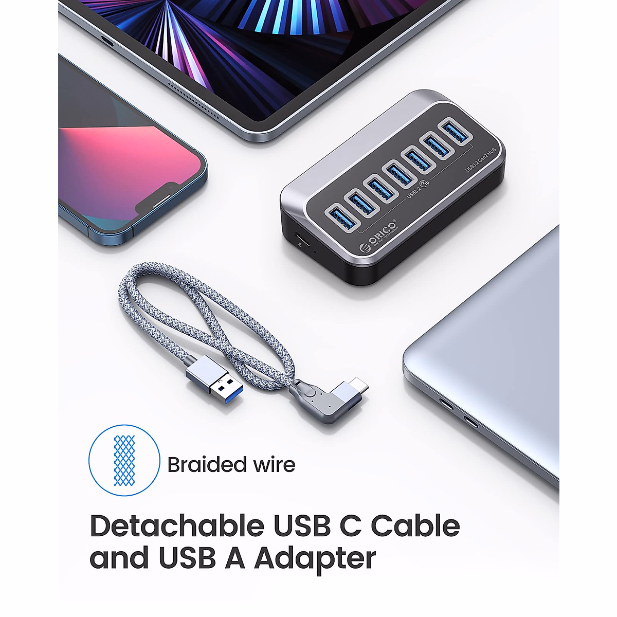 ORICO USB Hub 10Gbps with 7 USB A Ports, USB 3.2 Gen 2 Hub with 3.28Ft USB-A to USB-C Cable USB Splitter for iMac, All MacBooks, Mac Mini