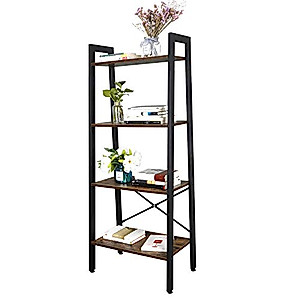 SUPER DEAL Industrial Ladder Shelf 4-Tier Bookcase Plant Book Display Furniture Storage Rack Shelf for Living Room Home Office Bedroom (Rustic Brown)