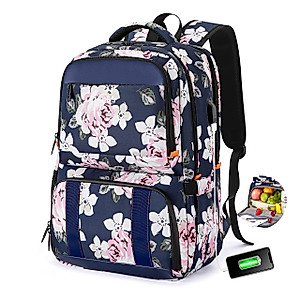 Lunch Backpack, Insulated Cooler Backpack for Women Laptop Backpack with USB Port, 15.6 Inch Laptop Bookbag Waterproof Backpack Food Bag for Work Beach Camping Picnics Hiking Travel Blue Flower