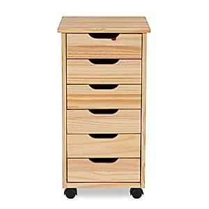 Linon Callie Multipurpose Six Drawer Natural Wood Rolling Storage Cart with Casters in Brown