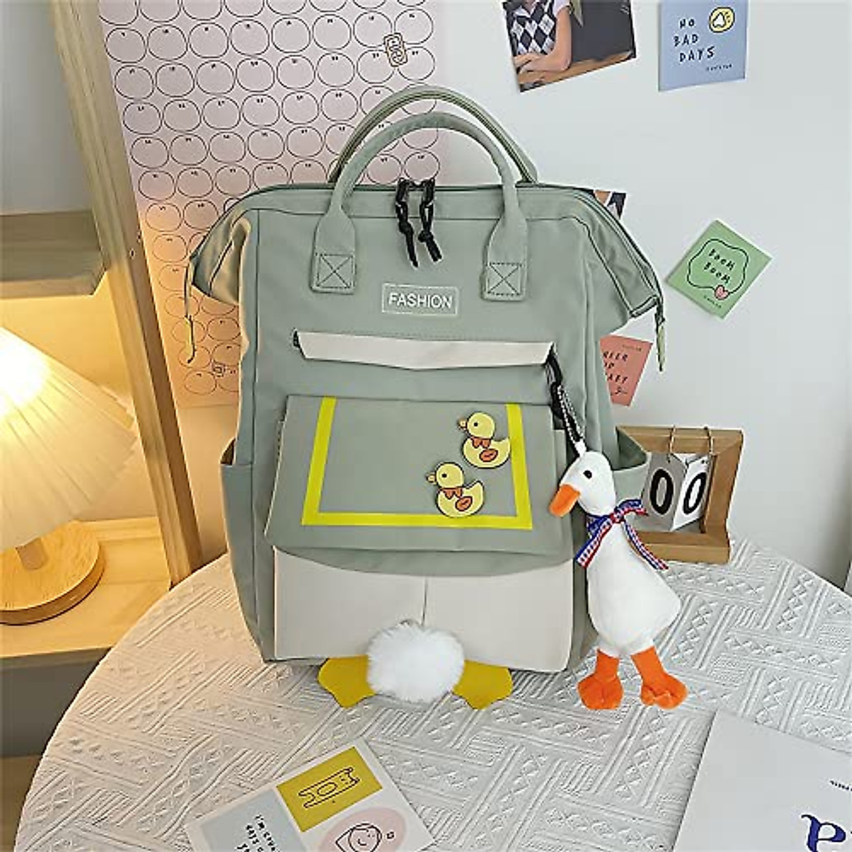 Kawaii Backpack with Kawaii Pin and Accessories Duck Pendant, Lovely Bookbag School Backpack Cute Aesthetic for Teen Girls Women (Green)