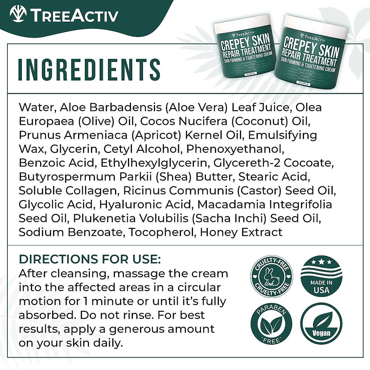 TreeActiv Crepey Skin Repair Treatment, 8oz, Firming Cream For Face and Neck, Skin Firming and Tightening Lotion with Hyaluronic Acid, Crepey Skin Treatment that Moisturizes Dry Crepe Skin, 500+ Uses