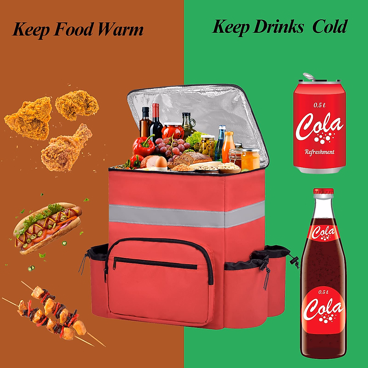 ZFZGFRCS Food Delivery Backpack Pizza Delivery Bag Insulated Delivery Bag with Cup Holders, Delivery Backpack with Support Boards for Bike Delivery, Food Delivery Bag for Carry HOT/COLD (Red)