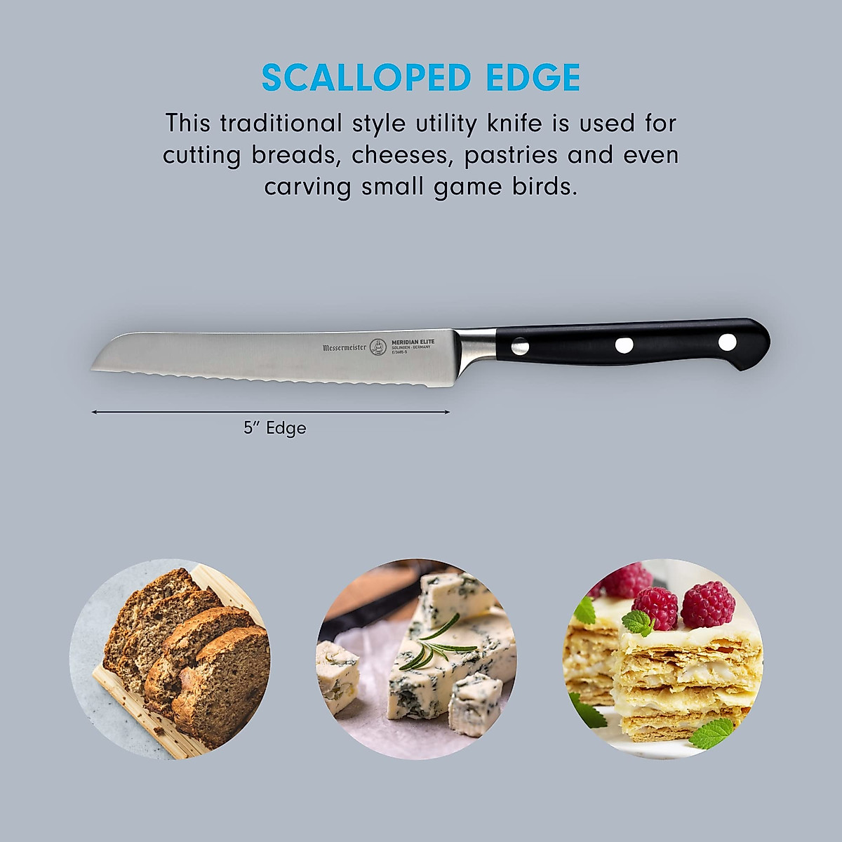 Messermeister Meridian Elite 5” Scalloped Utility Knife - Fine German Steel Alloy Blade - Rust Resistant & Easy to Maintain
