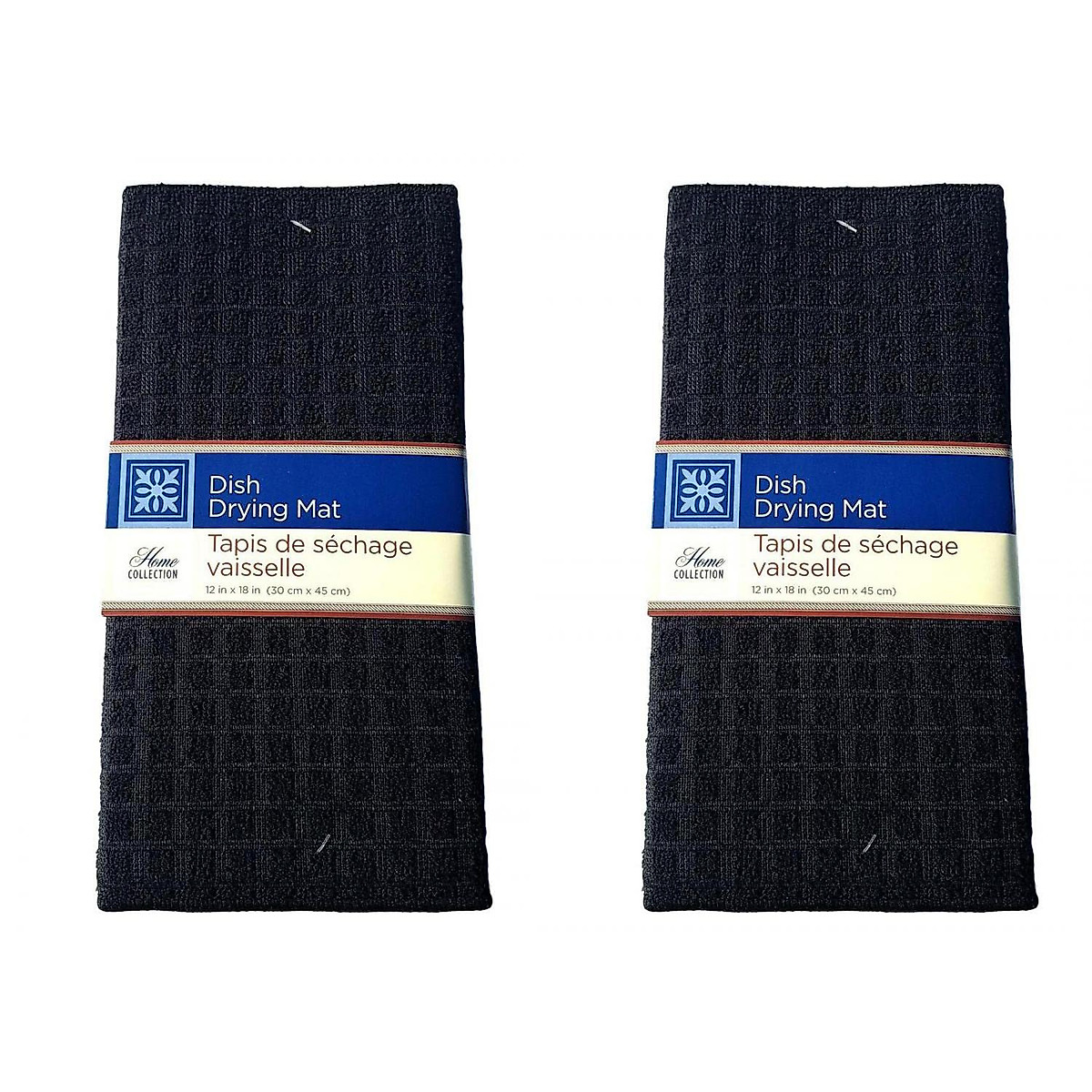 Black Windowpane Microfiber Polyester Dish Drying Mat Pad Cushion,Set of 2, 18 X 12 Inch, Absorbent Quick Drying Stylish Reversible