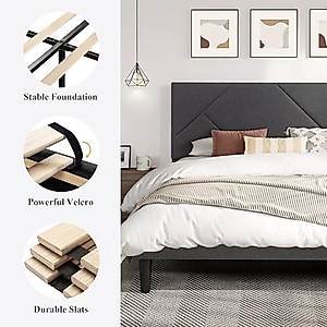 Allewie Queen Size Upholstered Bed Frame with Geometric Headboard, Heavy-Duty Platform Bed, No Box Spring Needed, Dark Grey