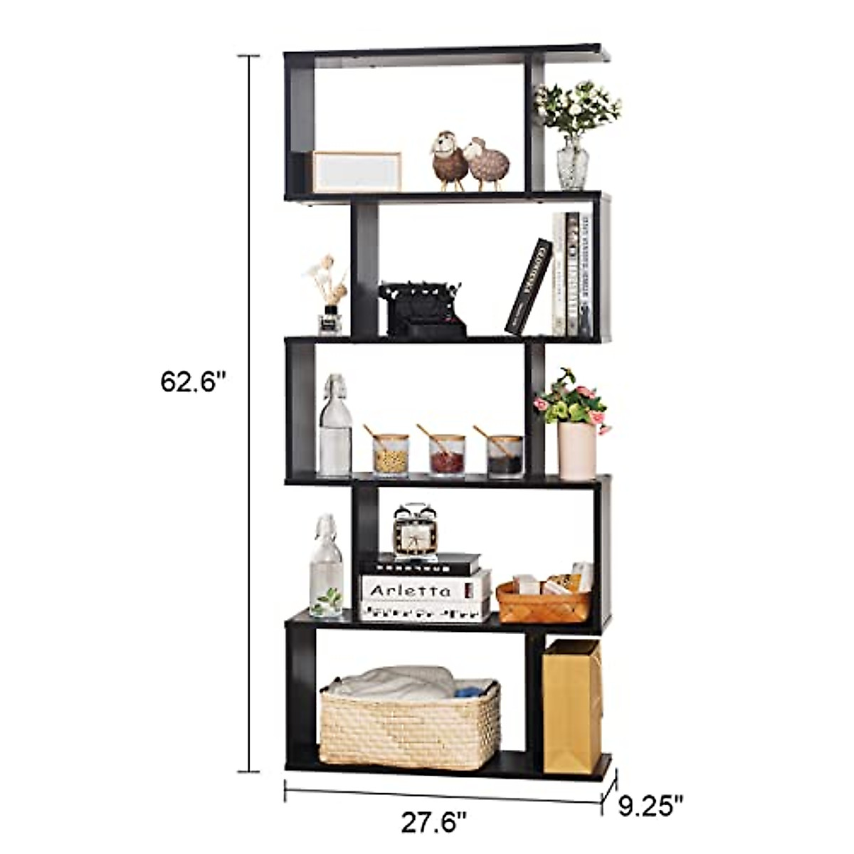 TinyTimes 5-Tier Wooden Bookcase, S-Shape Display Shelf and Room Divider, Freestanding Decorative Storage Shelving, 63'' Tall Bookshelf -Black
