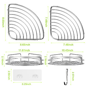 STEUGO Shower Caddy Corner, Bathroom Corner Shower Shelfs, Adhesive Wall Mounted Shower Caddy with 4 Movable Hooks, SUS304 Stainless Steel Bath Storage Shower Organizers, 2 Pack