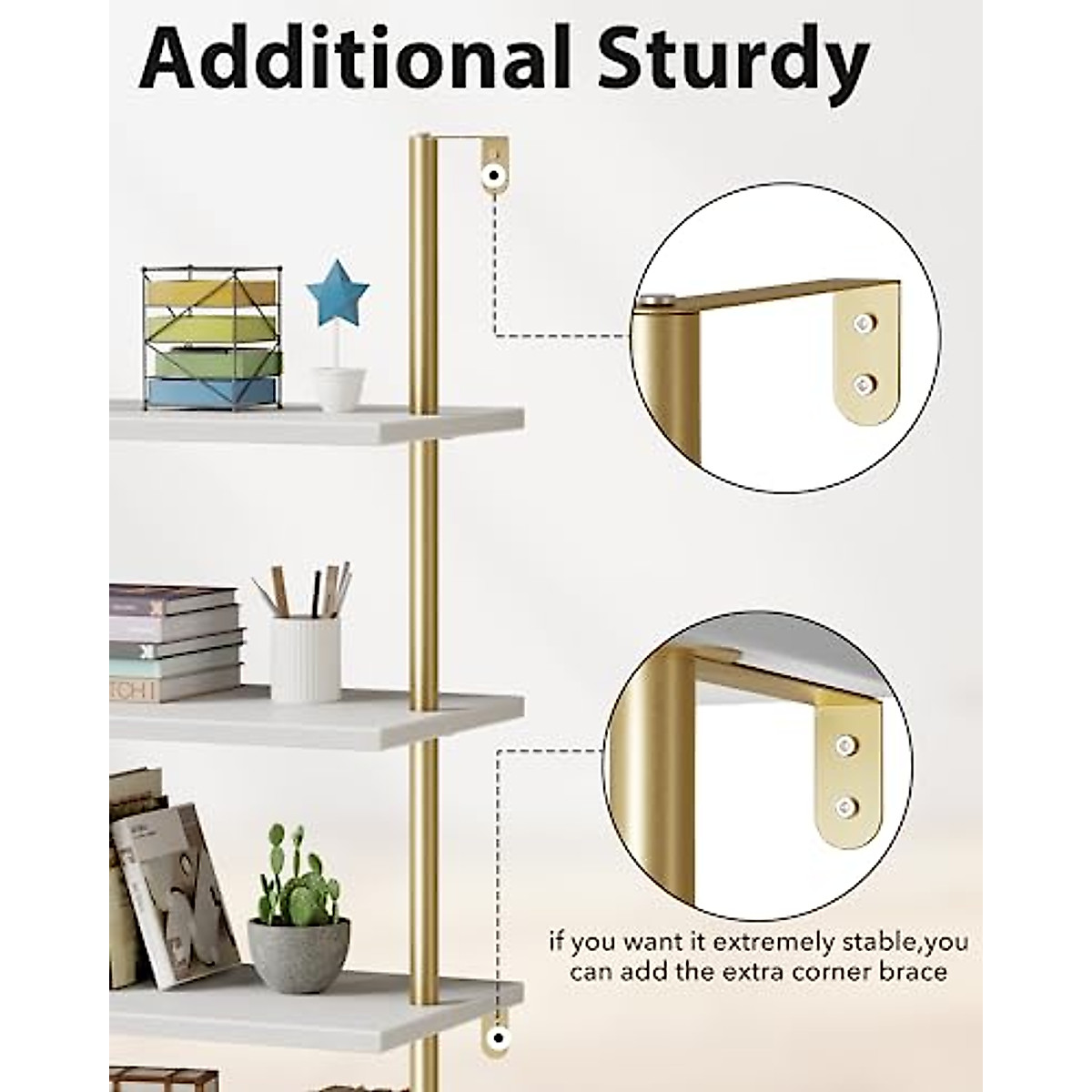 pickpiff Ladder Shelf Bookcase 5 Tier, Extra Sturdy Modern Bookshelf Wall Mounted, Tall Standing Open Shelf White and Gold, Industrial Metal Frame with Wooden Shelf