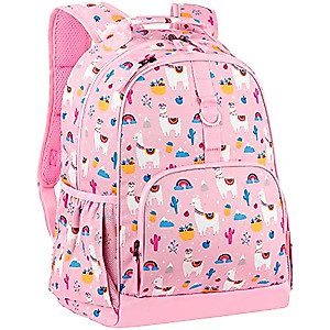 Choco Mocha Llama Backpack Elementary School Backpack for Kids & Girls 17 inch Backpack for 2nd 3rd Grade Llama Bookbag School Bag 6-8 with Chest Strap Pink