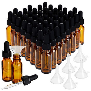 Juvale 48 Pack .5 oz Amber Glass Bottles with Dropper Dispenser and 6 Funnels for Essential Oils, Aromatherapy, Liquids (54 Total Pieces, 15ml)