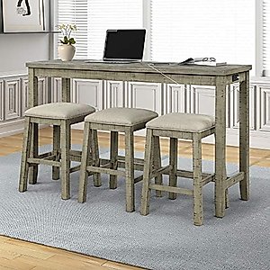 Quarte 4-Piece Counter Height Bar Table Set, Multipurpose Dining Room Set with Fabric Padded Stools and Socket,Wood Rustic Dining Set