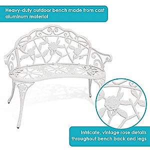 Sunnydaze 2-Person Classic Rose Cast Aluminum White Outdoor Garden Bench