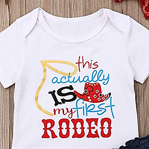 Newborn Baby Girls My First Rodeo Outfits Short Sleeve Letter Printed Romper Tops Denim Shorts Headband Set 0-18M(3-6M,White)