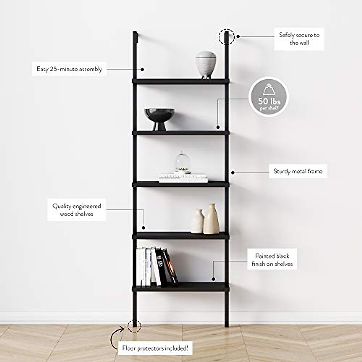 Nathan James Theo 5-Shelf Black Modern Bookcase, Open Wall Mount Ladder Bookshelf with Industrial Metal Frame