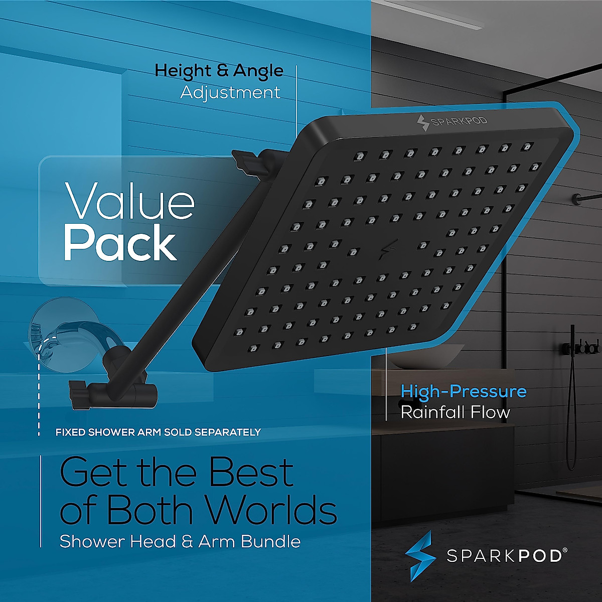 SparkPod Square Rain Shower Head with Shower Head Extension Arm - High Pressure Rain - Luxury Modern Look - No Hassle Tool-less 1-Min Installation (11" Shower Arm Extension, Elegant Brushed Nickel)