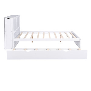 DRELOFT Storage Platform Bed Frame Queen with Pull Out Shelves and Twin XL Size Trundle, Wooden Platform Bed with Storage Headboard for Bedroom, No Box Spring Needed, Easy Assembly, White