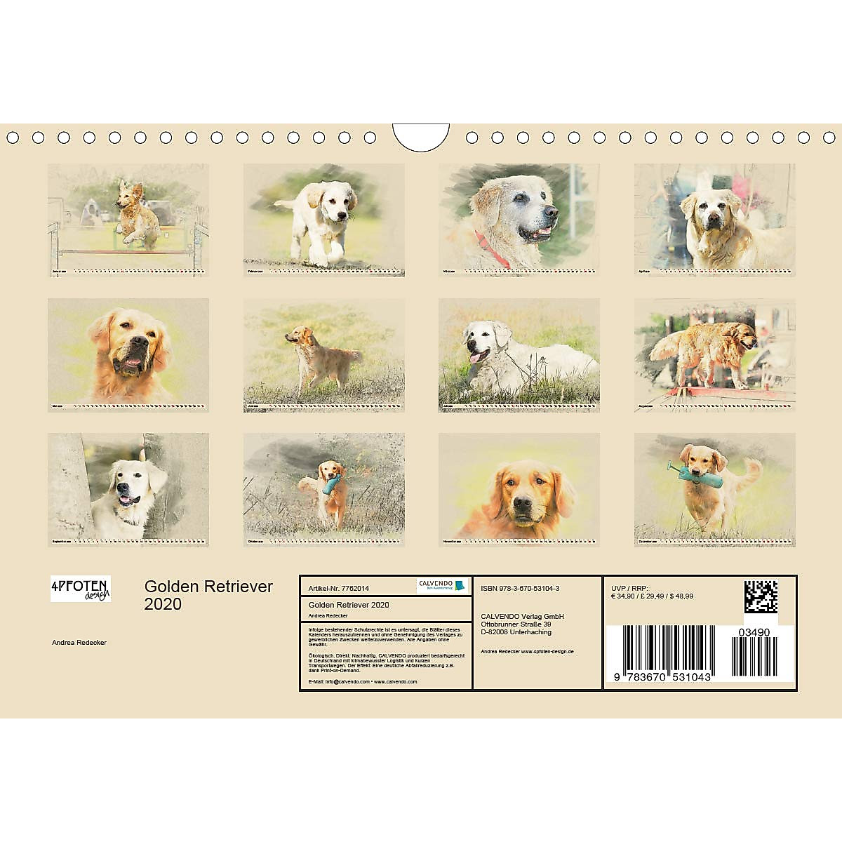 Golden Retriever 2020 (Wandkalender 2020 DIN A4 quer): Golden Retriever im kunstvollen Aquarell-Stil. Jedes Monatsmotiv gleicht einem kleinen Kunstwerk (Monatskalender, 14 Seiten )