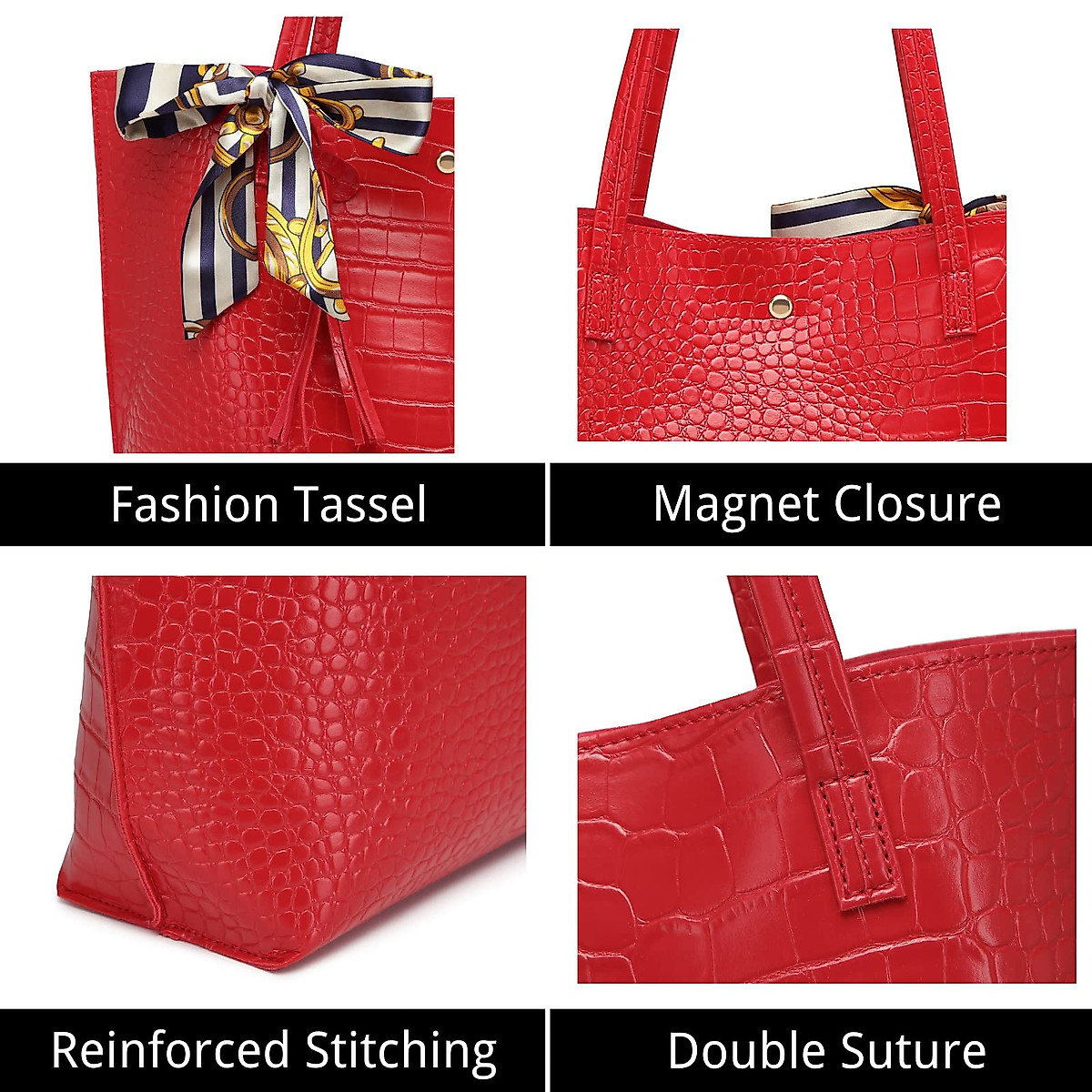 Women's Tote Shoulder Bag PU Leather Big Capacity Tassel Handbag (Large, L-Crocodile pattern Red)