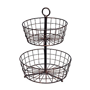 BirdRock Home 2 Tier Wire Fruit Basket Bowl - Round Metal Standing Storage Baskets - Vegetable Garlic Caddy Stand for Kitchen Counter - Freestanding Rustic Decorative Farmhouse Decor