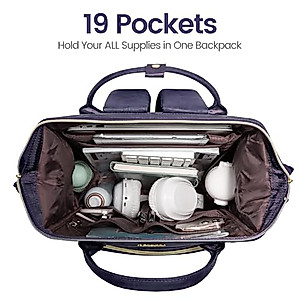 LOVEVOOK Vintage Leather Backpack for Women,17 inch Leather Laptop Backpack Women Teacher Nurse Work Travel Backpack Computer Laptop Bags,Professional Backpack Purse Tote Carry On Backpack,Indigo Ink