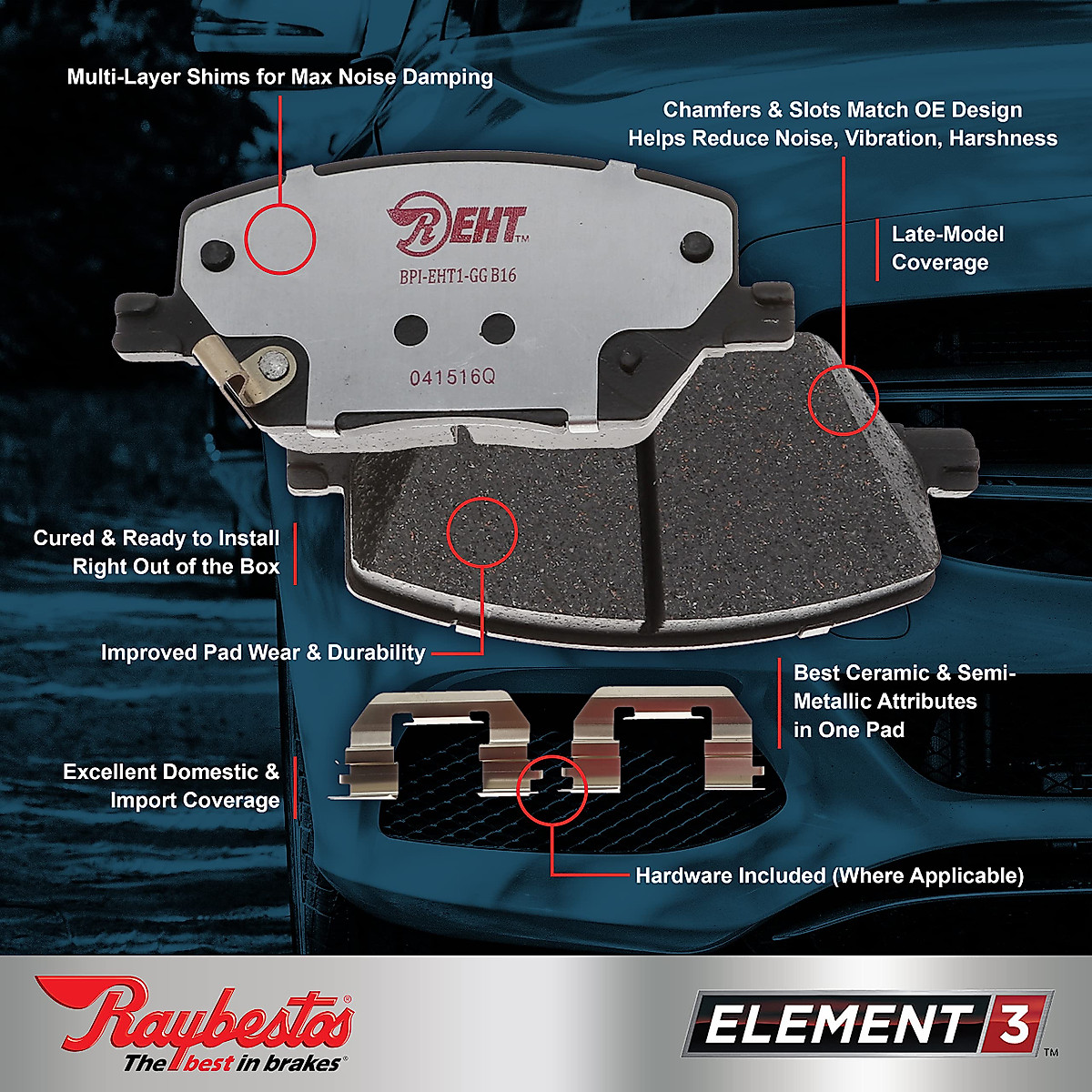 Raybestos Premium Raybestos Element3 EHT™ Replacement Rear Brake Pad Set for Select Hyundai Entourage/Equus/Genesis/Santa Fe and Kia Borrego/K900/Sedona Model Years (EHT1284H)