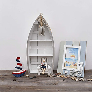 YK Decor 16.5"H Wooden Boat Display with 3 Shelves Fish Net Star Fish, White Wood Boat Stand Beach Nautical Theme Decor
